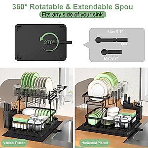 Loftiage Dish Drying Rack and Drainboard Set, Large Dish Racks for Kitchen Counter, 2 Tier Dish Strainers, Black Dish Drainer with Utensils, Pot, Knives, Cutting Board Holders and Drying Mat
