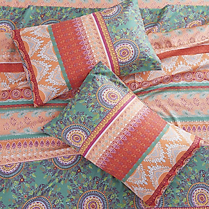 Wake In Cloud - Boho Bed Sheets, 4-Piece Sheet Set, Bohemian Chic Mandala Medallion Colorful Hippie Aesthetic Bedding, Deep Pocket, Orange Green, Twin Size