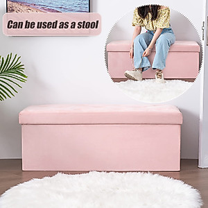 BRIAN & DANY 43 Inches Folding Storage Ottoman Bench, Velvet Ottoman with Storage for Living Room, Long Shoes Bench,Flannelette Footrest Benches Seat (Pink)