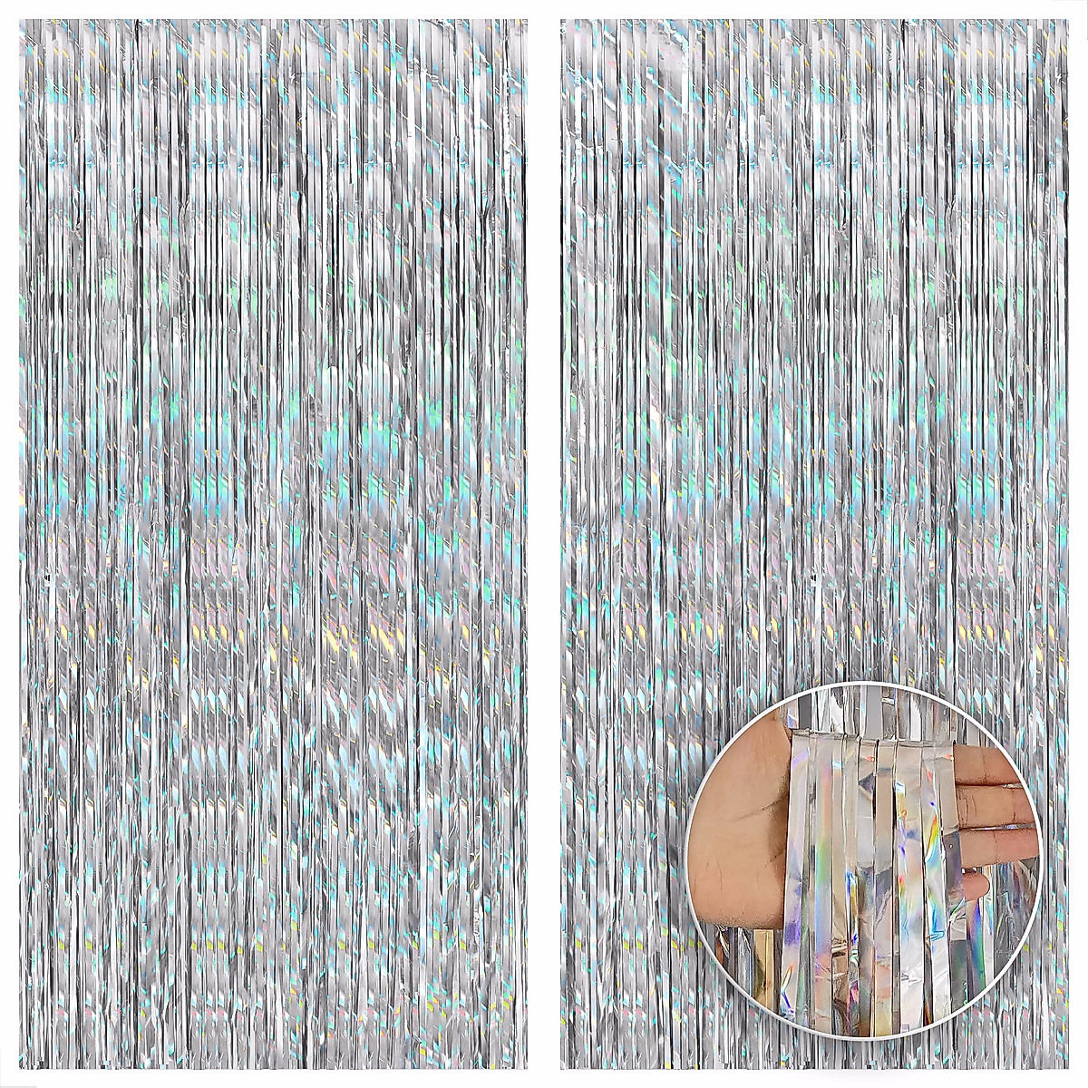 KatchOn, Holographic Silver Streamer Backdrop - XtraLarge 3.2x8 Feet, Pack of 2 | Silver Fringe Backdrop for Silver Streamers Party Decorations | Silver Tinsel Backdrop for Disco Party Decorations