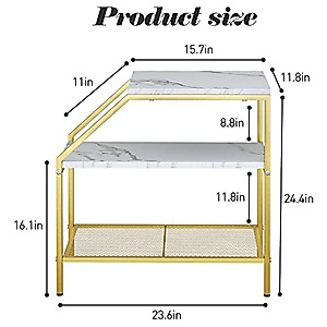 Wolawu End Table 3 Tiers White Marble Wood Nightstand with Storage Ladder Shelf Sofa Side Table for Small Space Modern Trapezoid Furniture Plant Stand in Living Room Bedroom Gold