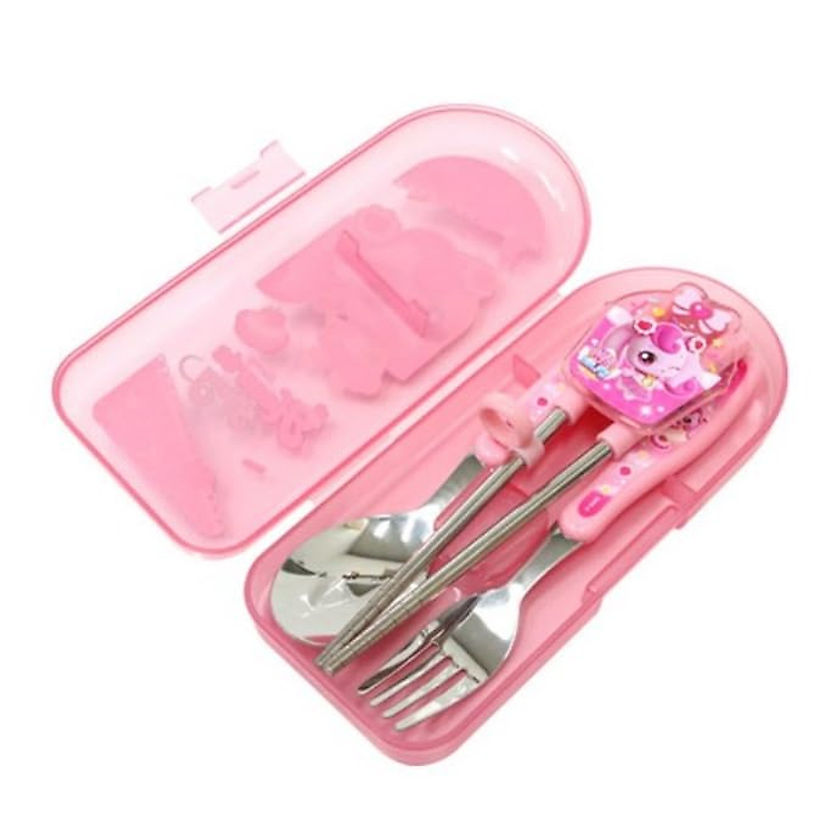 Generic Lovely Catch Teenieping Fork, Spoon, and Chopsticks Flatware Set with Case, Medium, Pink
