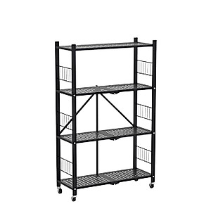 MOLYHOM Folding Storage Shelves, 4-Tier Metal Collapsible Shelves with Wheels, Shelving Units and Storage Rack, Rolling Shelf No Assembly…