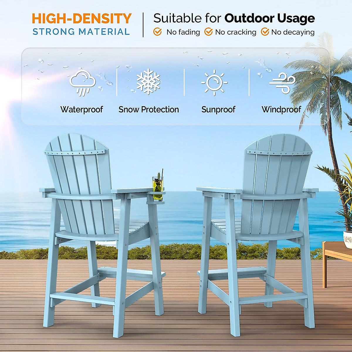 VINGLI Tall Adirondack Chairs Set of 2 HDPE Adirondack Bar Stools with Cup Holders, Poly Deck Chairs Outdoor Bar Stools, 350LBS Capacity (Blue, 2 PCS)