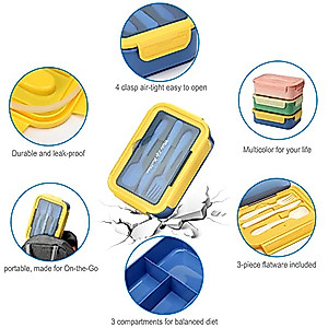 HOTEC Bento Lunch Box for Kids and Adults Built-in Knife, Fork & Spoon, 1400ML Portable Bento Box with 3 Compartments Perfect for On-the-Go Meal, BPA-Free, Microwave/Dishwasher/Freezer Safe(Blue)