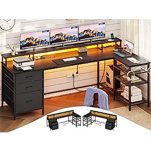 UPOSOJA L Shaped Gaming Desk with 3 Drawers, 78" Reversible Computer Desk with Power Outlet & LED Strip, Home Office Desk with Storage Shelves, Monitor Shelf, Mouse Pad Black