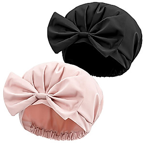 Whaline Large Shower Caps Pink Black Bowknot Bath Hair Caps Reusable Waterproof Turban Shower Hat Adjustable Bath Cap for Women Girl Beauty Hair Spa Bathing Home Travel, 2 Pack