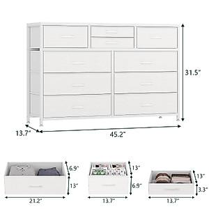 GarveeHome White Dresser for Bedroom, Wide Dressers & Chest of Drawers for Closet, 47 inch TV Stand with Big Storage, Long 10 Drawers Fabric Dresser with Metal Frame for Living Room, Closet