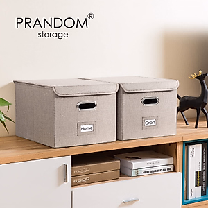 PRANDOM File Organizer Box - Set of 4 Collapsible Decorative Linen Filing Storage Hanging File Folders with Lids Office Cabinet Letter Size Light Grey (15x12.2x10.75 inch)