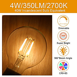 Dimmable LED Edison Light Bulb, G25 (G80) Globe Shape, Clear Glass, 40 Watt Equivalent, 2700K Soft White, Christmas Light, E26 Standard Base, UL Listed, 6-Pack