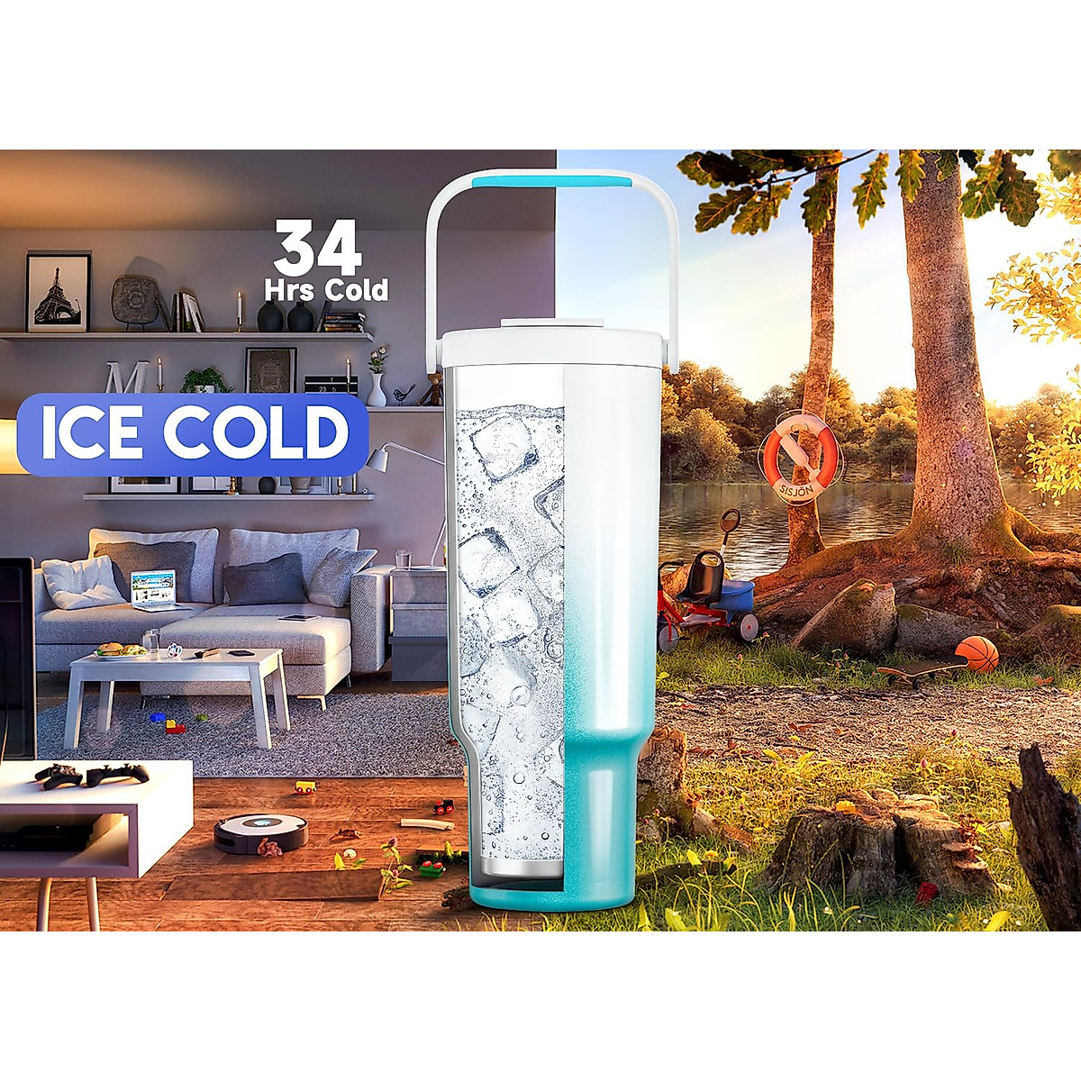 Meoky 40 oz Tumbler with Handle and Straw, Insulated Water Bottle, Stainless Steel Travel Mug, Keeps Cold for 34 Hours, 100% Leak Proof, Fits in Car Cup Holder (Azure)