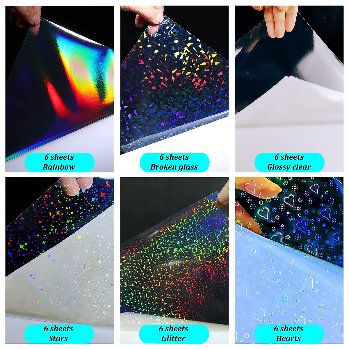 36 Sheets Holographic Sticker Paper Holographic Clear Vinyl Self Adhesive Waterproof Transparent Laminating Sheets Rainbow Overlay with A4 (11.7 x 8.3 Inch) 6 Styles Mixed
