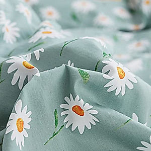 Sage Green Floral Duvet Cover Twin Soft Cotton Bedding Set Daisy Floral Printed on Green Bedding Duvet Cover, Modern Botanical Comforter Set with Zipper Closure