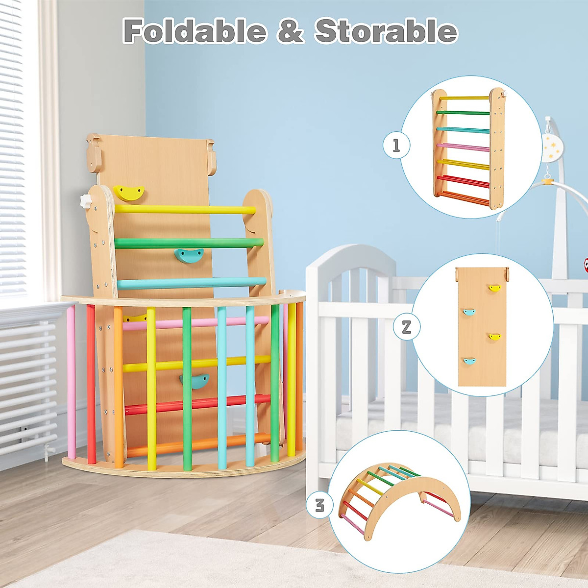 Beright 4 in 1 Pikler Triangle Gym, Montessori Foldable Climber with Ramp, Indoor Climbing Toys for Kids, Climbing Triangle for Toddlers Arch Climber, Rocker, Learning Waldorf Children Toy, Rainbow