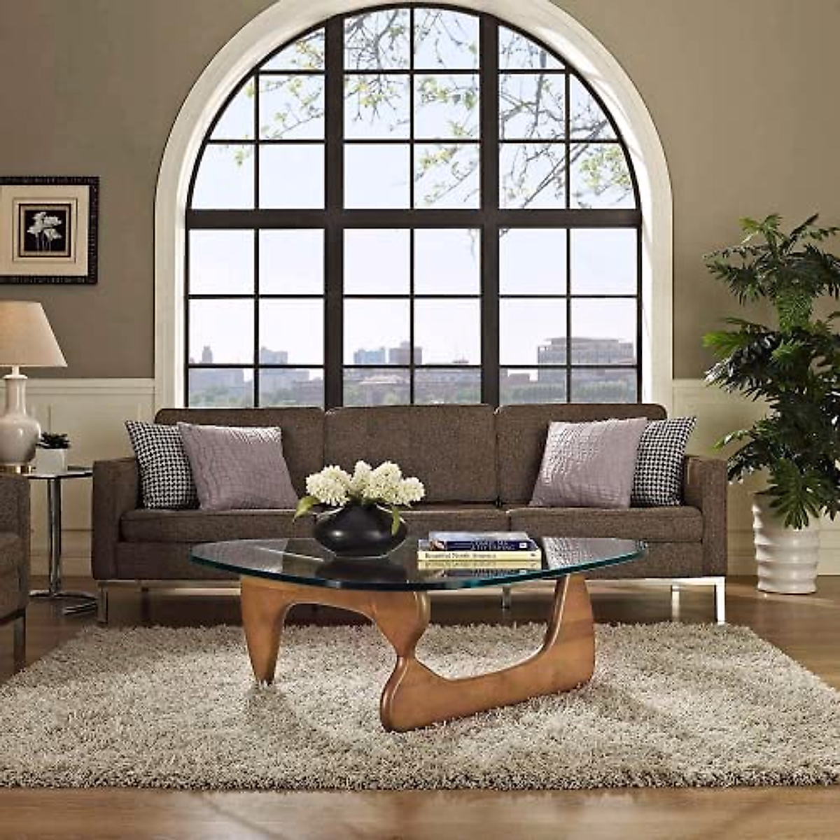 Rimdoc Triangle Glass Coffee Table Modern Noguchi Coffee Table, Vintage Glass, and Wood End Table, Solid Wood Base and Clear Glass Top Accent Coffee Table, for Living Room, Patio(Light Walnut)