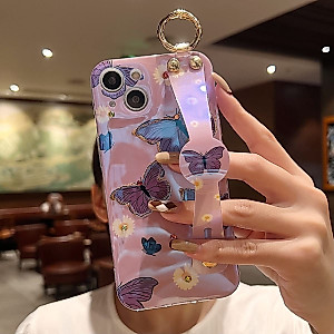 Lastma for iPhone 13 Mini Case Cute with Wrist Strap Kickstand Glitter Bling Cartoon IMD Soft TPU Shockproof Protective Cases Cover for Girls and Women (Butterfly)