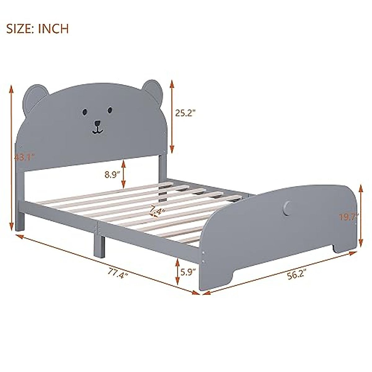 Quarte Cute Full Size Platform Bed with Bear-Shaped Headboard and Footboard, Wooden Bed Frame for Bedroom,No Box Spring Required (Gray/Bear*W)