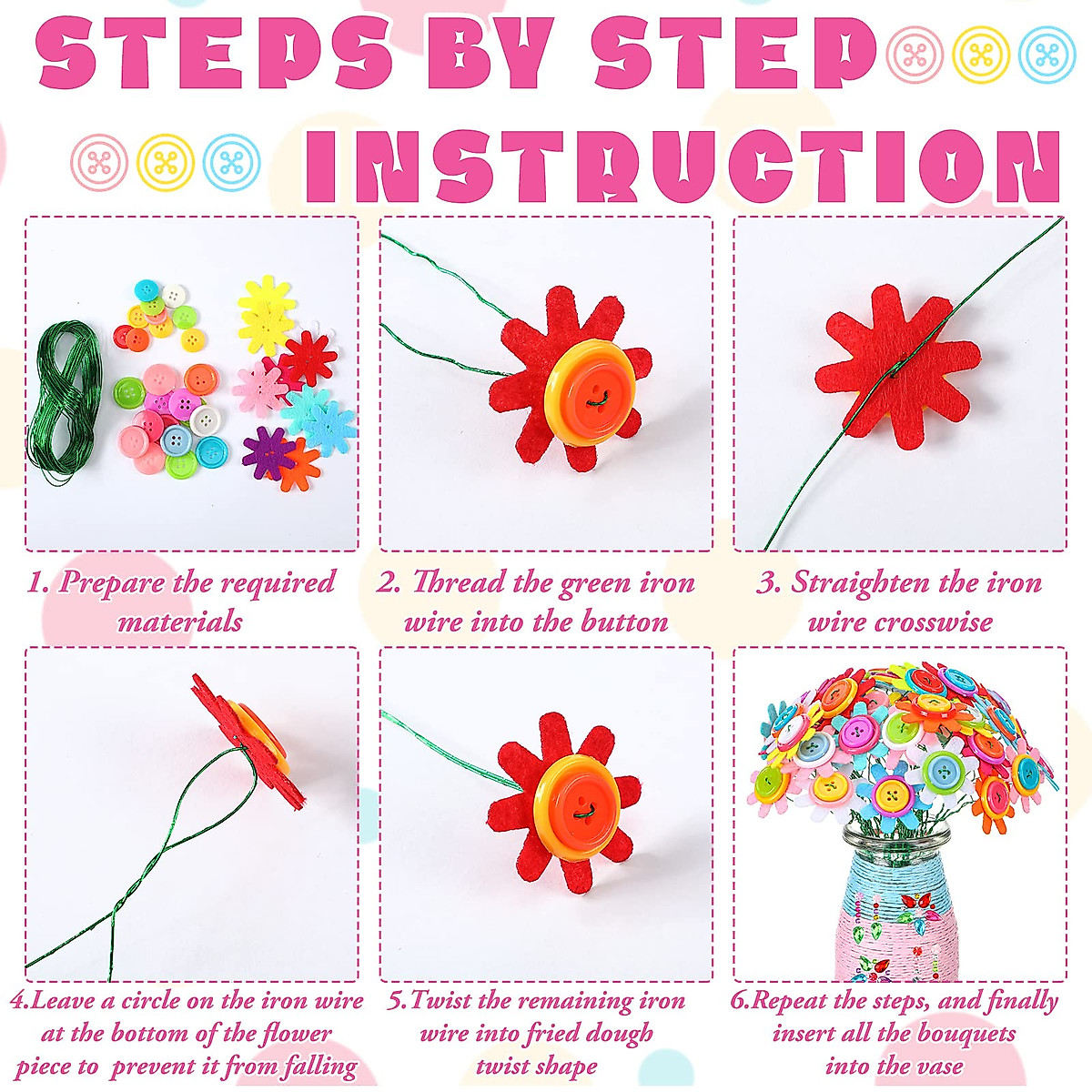 4 Sets Girls Crafts Ages 4-12 Make Your Own Flower Bouquet with Buttons and Felt Flowers, Vase Art and Craft for Children DIY Activity Christmas Thanksgiving Birthday Gift for Girls Boys