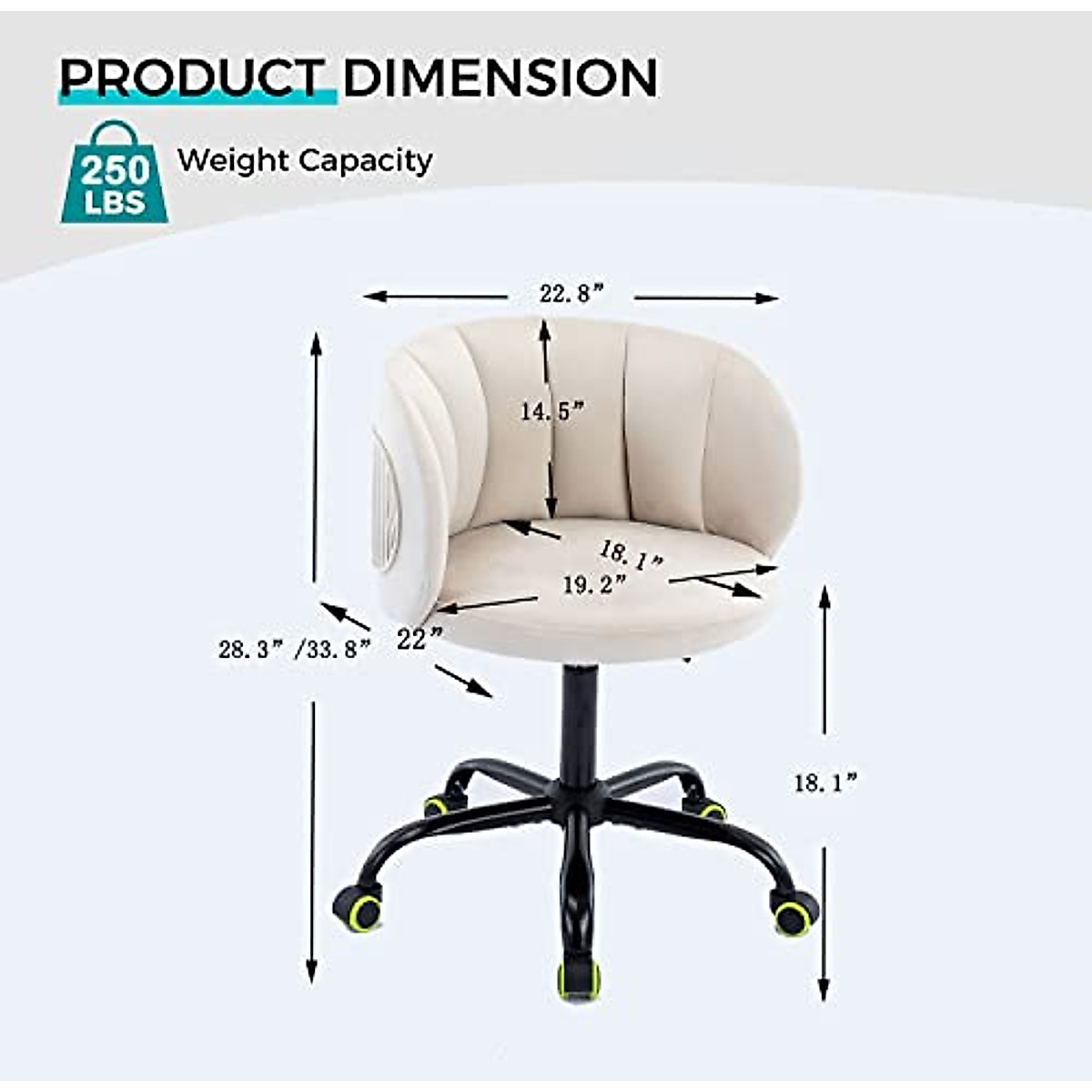 SSLine Elegant Velvet Desk Chair for Girls Women Modern Swivel Office Computer Chair with Black Base Wheels Upholstered Cute Vanity Chair Task Chair w/Tufted Back for Home Study Living Room(Beige)