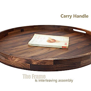 MAGIGO 24 Inches Extra Large Round Black Walnut Wood Ottoman Tray with Handles, Serve Tea, Coffee or Breakfast in Bed, Classic Circular Wooden Decorative Serving Tray