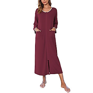 Ekouaer Women Long House Coat Zipper Front Robes Full Length Nightgowns with Pockets Striped Loungewear(Wine Red,X-Large)