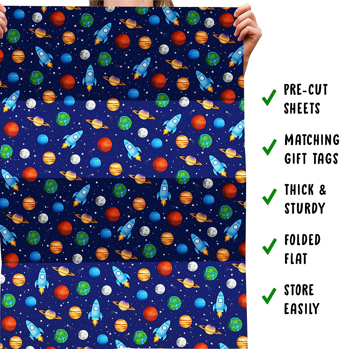 Wrapping Paper for Boys - Kids - Blue - Games (PLANETS IN SPACE)