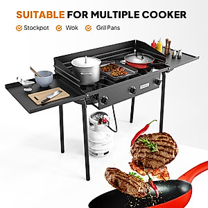 ROVSUN 3 Burner Gas Stove with 2 Side Shelves, 225,000BTU Portable Propane Stove with Removable Leg, Wind Panel, Regulator for Camping Home Backyard Outdoor Cooking Brewing Canning Turkey Frying