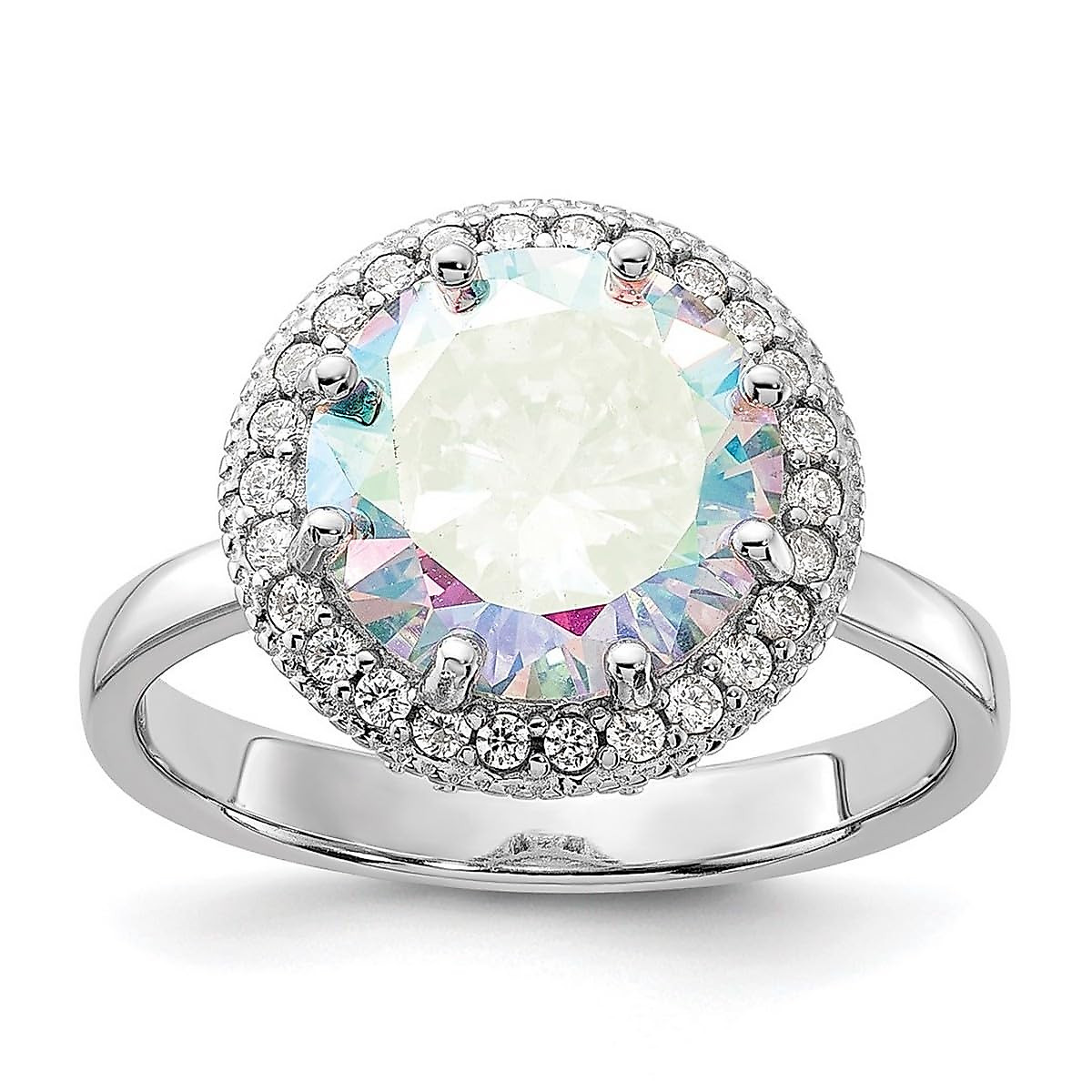 925 Sterling Silver Rhodium Plated Clear and Iridescent CZ Cubic Zirconia Simulated Diamond Round Halo Ring Size 8 Jewelry for Women