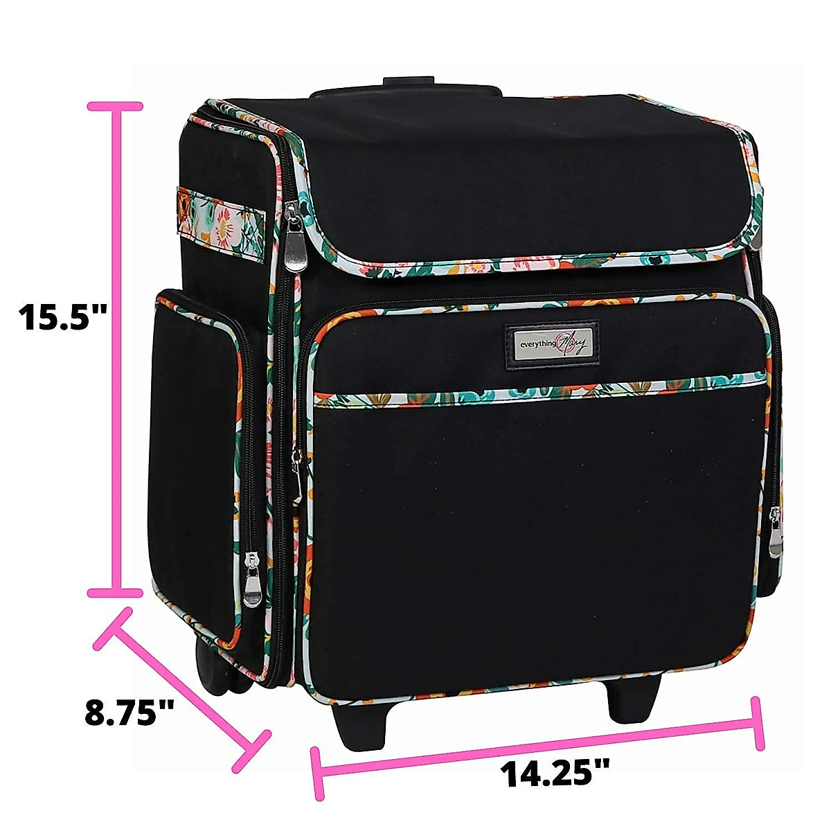 Everything Mary Black & Floral Rolling Scrapbook Storage Tote - Scrapbooking Storage Case for Rings, Paper, Binder, Crafts, Beads, Scissors - Telescoping Handle with Dual Wheels