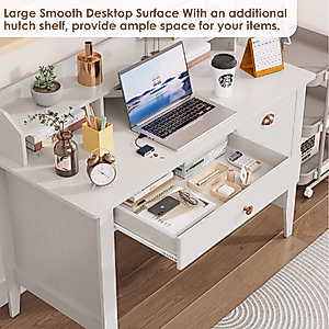 TTVIEW Computer Desk with USB Charging Port and Storage Drawers, Writing Study Table with Hutch Shelf and File Drawer, Executive Desk with 47" Wide Tabletop for Home Office Bedroom, White Oak