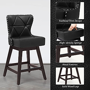 Cozyman Counter Height Bar Stools Set of 2, 26" H Swivel Bar Stool with Back, Faux Leather Counter Stool, Solid Wood Legs, Retro Upholstered Barstools for Kitchen Island, Home Bar, Pub, Black