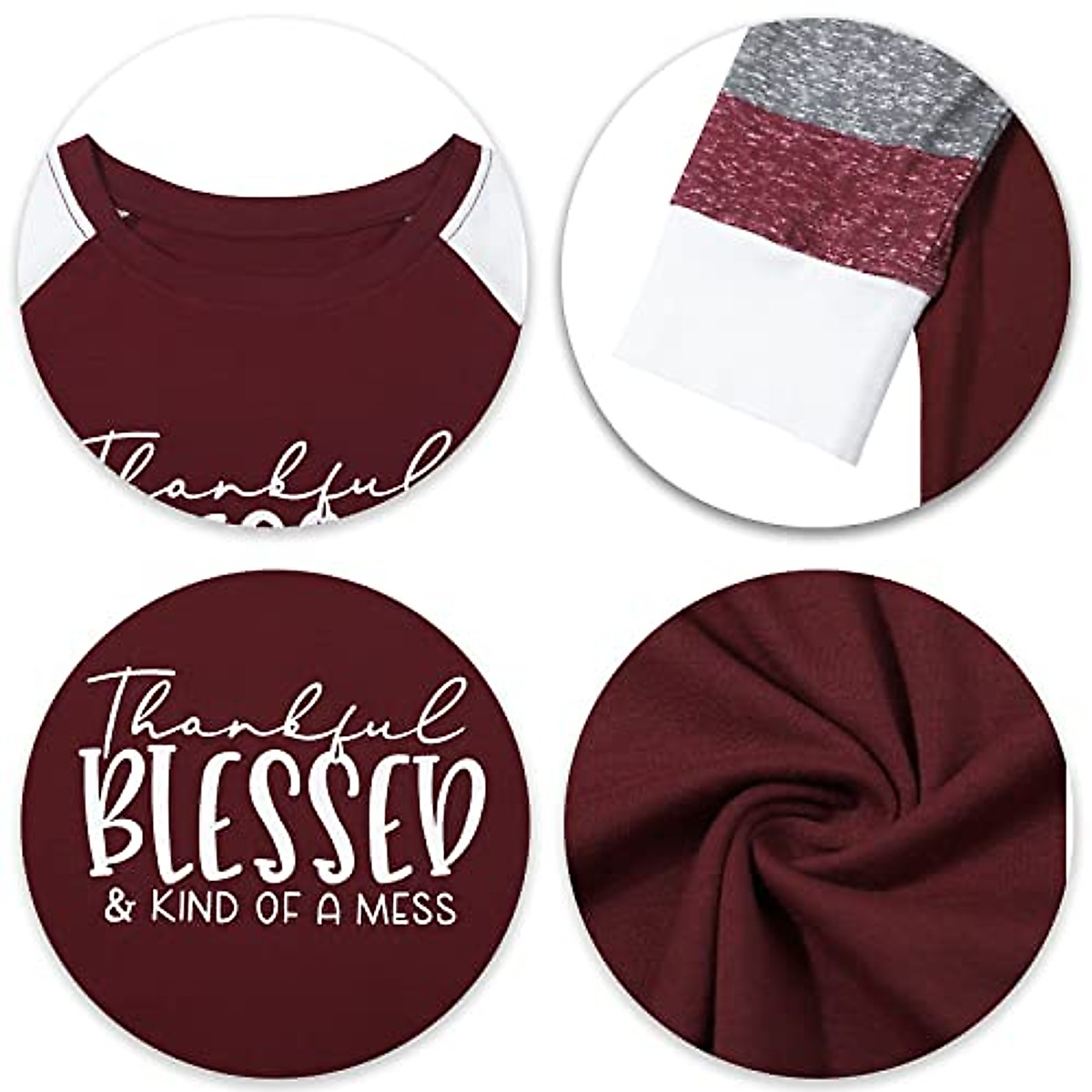 Thankful Blessed and Kind of a Mess Shirt Women Blessed Tshirt Color Block Splicing Top Thanksgiving Long Sleeve Shirt Red
