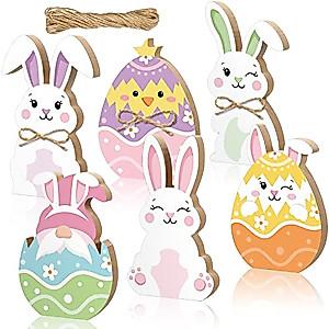 6 Pcs Easter Bunny Table Wooden Signs Centerpieces Easter Spring Tiered Tray Decorations Rabbit Bunny Shape Tabletop Decor with 3 Meter Jute Rope for Farmhouse Home Office (Bunny, Egg)