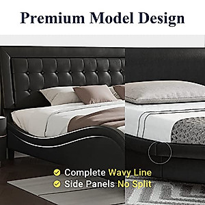 Allewie Queen Bed Frame with Adjustable Headboard/Box-Tufted Upholstered Platform Bed/Mattress Foundation with Wood Slat Support/No Box Spring Needed/Modern Wave/Black