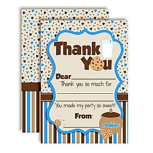 Milk & Cookies Blue & Brown Birthday Thank You Notes, Ten 4" x 5.5" Fill In The Blank Cards with 10 White Envelopes by AmandaCreation