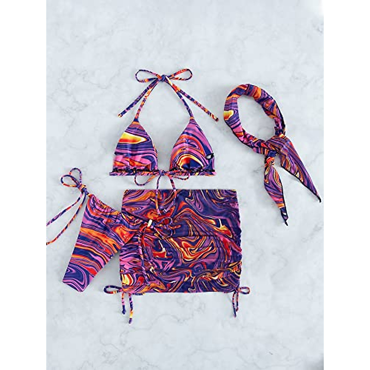 SOLY HUX Women's 4 Piece Swimsuits Triangle Bikini Bathing Suits with Mesh Beach Skirt & Bandana Bikini Sets