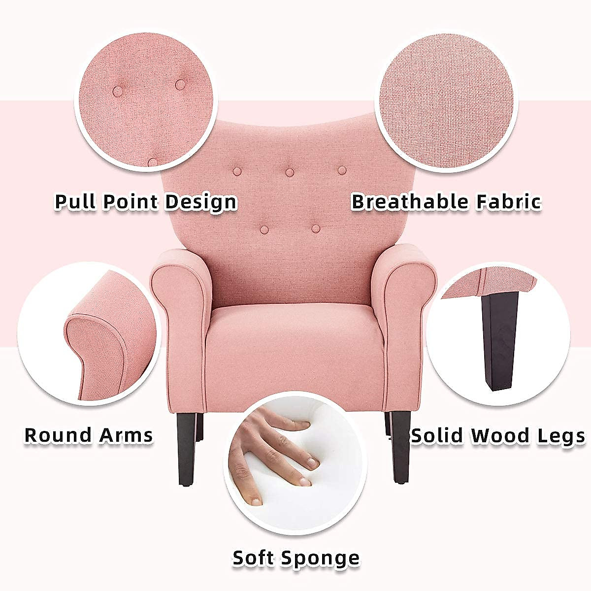 YOLENY Modern Accent Chair,High Back Armchair,Upholstered Fabric Button Single Sofa with Wooden Legs for Living Room,Bedroom,Club,Light Pink