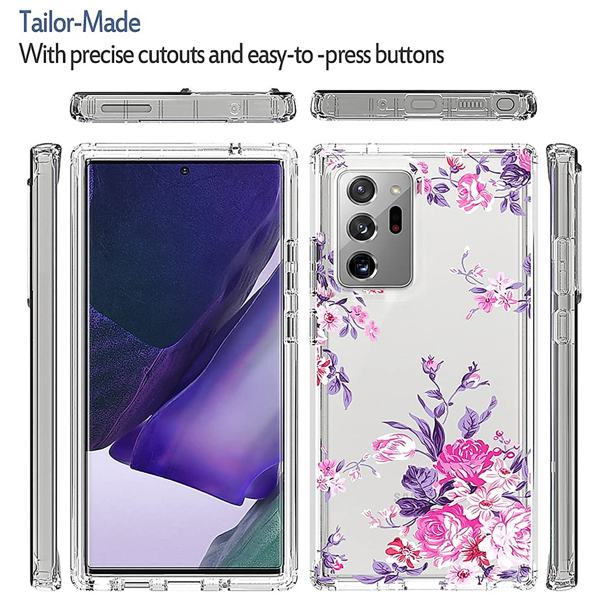 sidande Case for Galaxy Note 20 Ultra 5G, Samsung Note 20 Ultra Case, Full Body Shockproof Clear Floral Soft Flexible Phone Protective Armor Cover for Samsung Galaxy Note 20 Ultra (Rose Flower)
