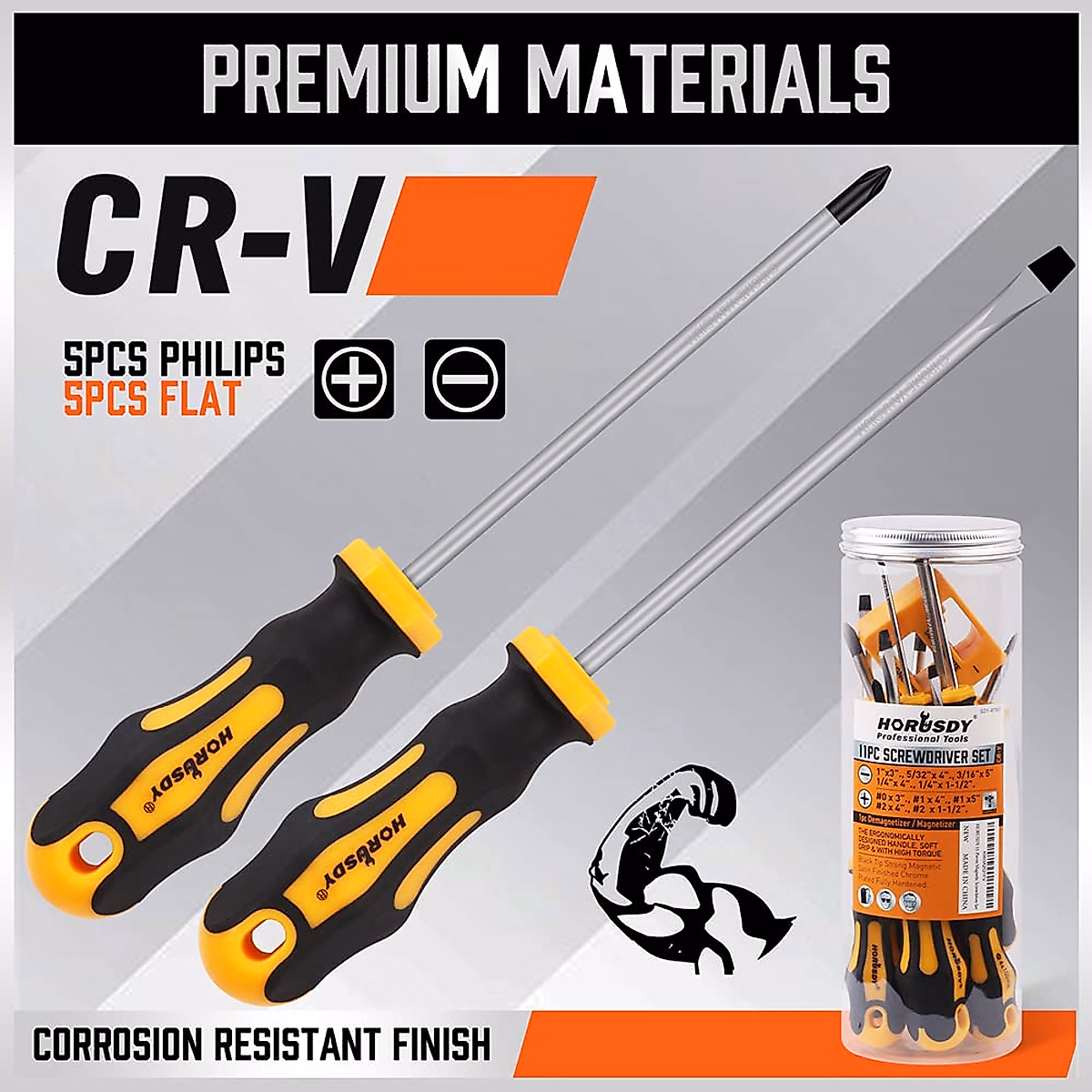 HORUSDY 11-Pieces Screwdriver Set, Magnetic 5 Phillips and 5 Flat Head Tips for Fastening and Loosening Seized