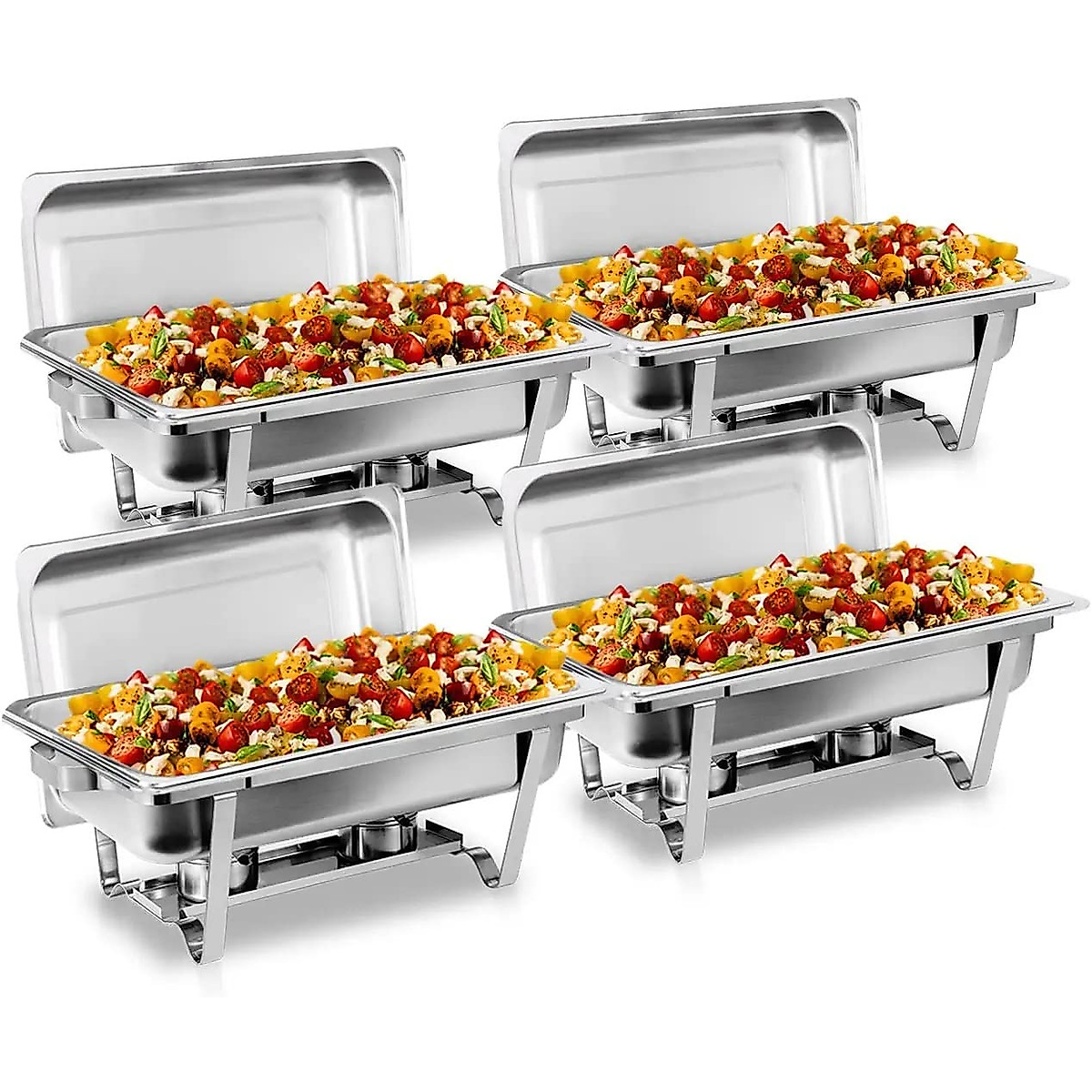 HONHPD Upgrade 8 Qt 4 Pack Full Size Stainless Steel Chafing Dishes Buffet Set,Silver Rectangular Catering Chafer Warmer Set with Trays Pan Lid Folding Frame for Kitchen Party Banquet Dining,Thickened