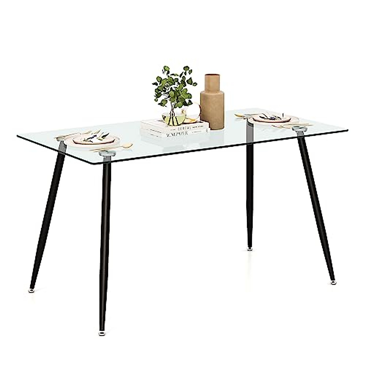 Tangkula Glass Dining Table, Modern Rectangular Table with Tempered Glass Tabletop & Black Steel Legs, Simplistic Kitchen Table, 51 x 27.5 x 29.5 Inch, Versatile Table for Home Office