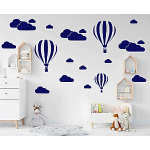 Giant Removable Vinyl 3D Hot air Balloons with Clouds Wall Decals DIY Wall Stickers Nursery Decor Kids Bedroom Art Decoration Girls Rooms Decal Child Sticker Home Walls Decal (White) D952 (Navy Blue)