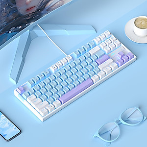 MageGee 75% Mechanical Gaming Keyboard with Blue Switch, LED Blue Backlit Keyboard, 87 Keys Compact TKL Wired Computer Keyboard for Windows Laptop PC Gamer - Blue/White