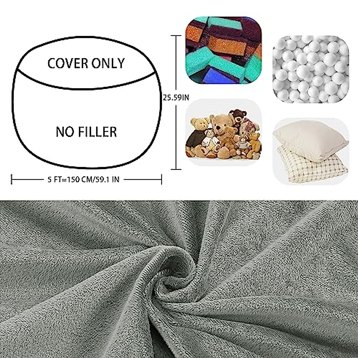 XIECUVA Bean Bag Chair Cover (Not A Full Bean Bag), Large Round Soft Fluffy Ultra-Fine Fiber Velvet Sofa Bed Cover, Lazy Sofa Bed Cover, 6ft Light Drey (Cover Only, No Filler)