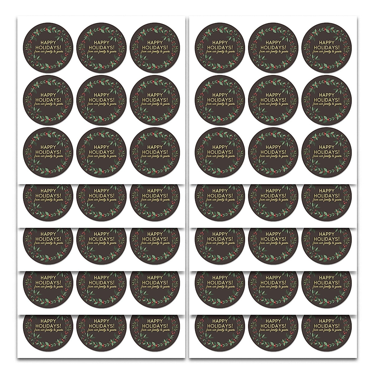 Mobiusea Creation Happy Holidays Stickers | Envelope Seals | 1.4 inch | Gold Foil | Black Wreath Christmas Stickers | Waterproof | 90-Pack for Christmas Gifts, Envelopes, Holiday Cards