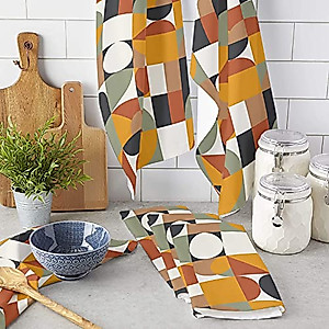 Decorfine Premium Kitchen Towels 18x28 Inch - Absorbent Dish Towels Art Retro Middle Age Geometric Abstract Plaid Grey Orange Hand Dish Cloths for Drying and Cleaning, 1 PCS