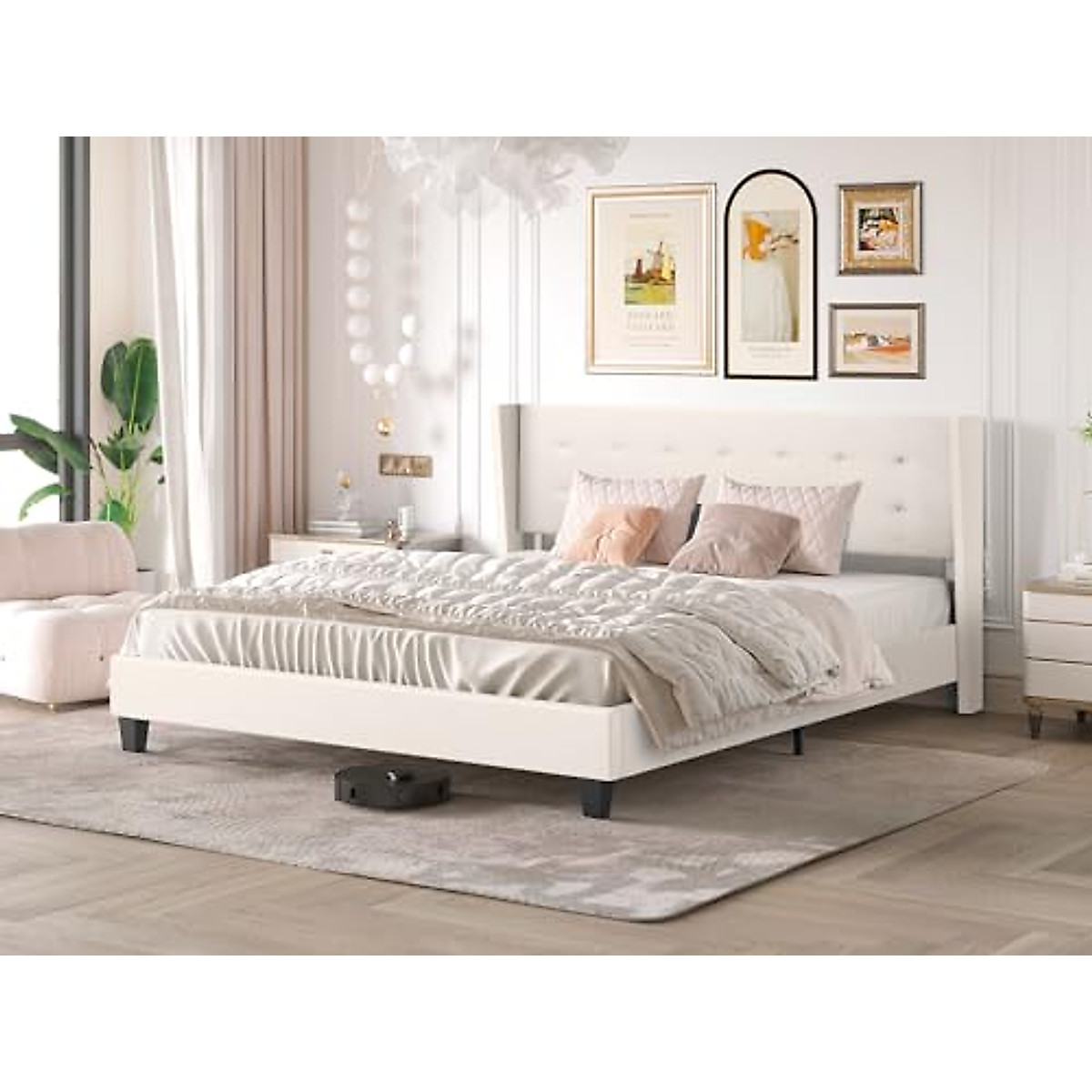 BONSOIR Bed Frame Upholstered Traditional Low Profile Platform with Wing Back Headboard/No Box Spring Needed/No Bed Skirt Needed/Linen Fabric Upholstery/Sand (Cream, Queen Size)