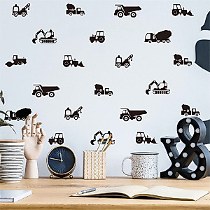 Construction Vehicles Wall Stickers The Builder Collection Tractor Excavator Cars Nursery Decals Baby Decor YT5319 (Black)