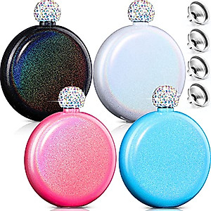 4 Pcs Cute Liquor Flask for Women 5 oz 304 Stainless Steel Flask for Whiskey Liquor Glitter Coating Flask Portable Wine Flask with Shining Rhinestone Cap and 4 Funnels for Drink Bar BBQ and Travel