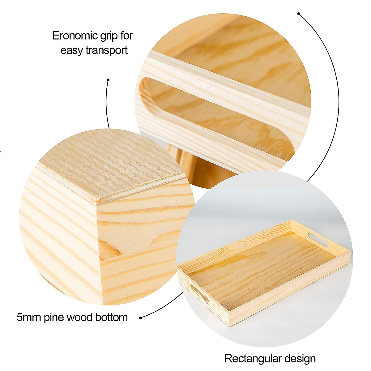 7PCS Wooden Nested Serving Trays Set - Rectangular Shape Unfinished Wood Kitchen Nesting Food Trays with Handle for Coffee, Serving Pastries, Snacks, Chocolate, Craft and Decor